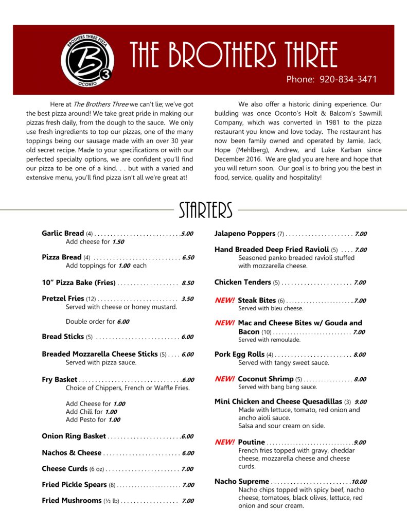 Menu - Brothers Three Oconto - Oconto, Wisconsin 54153